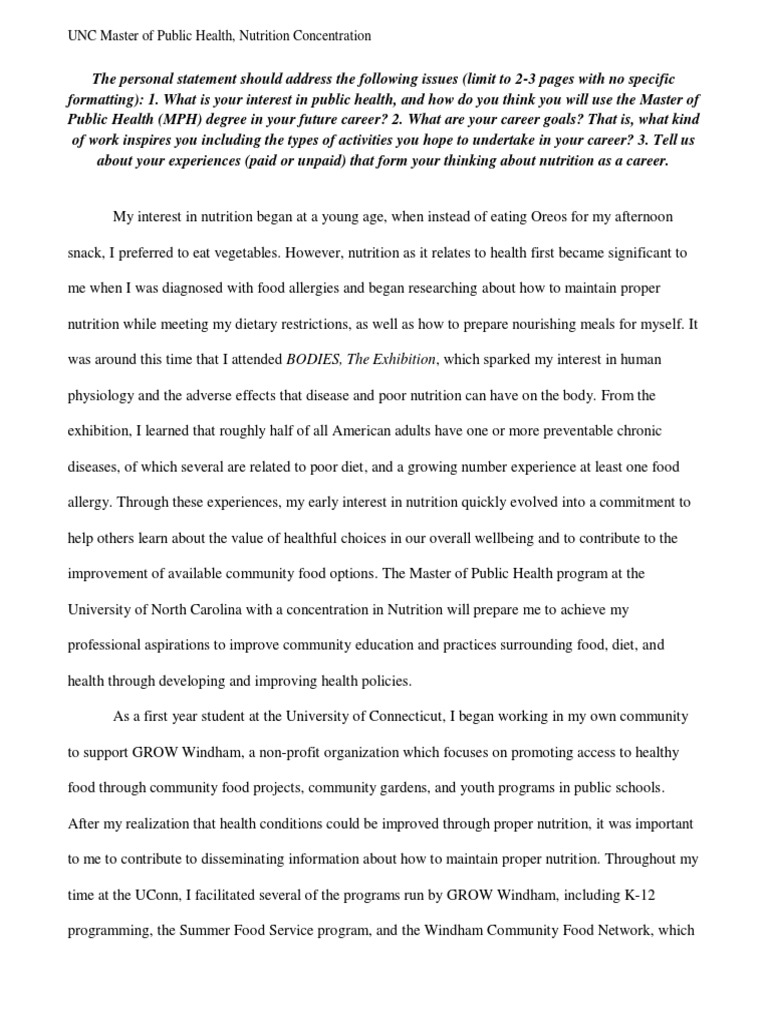 MPH Personal Statement Sample | PDF | Foods | Diet (Nutrition)