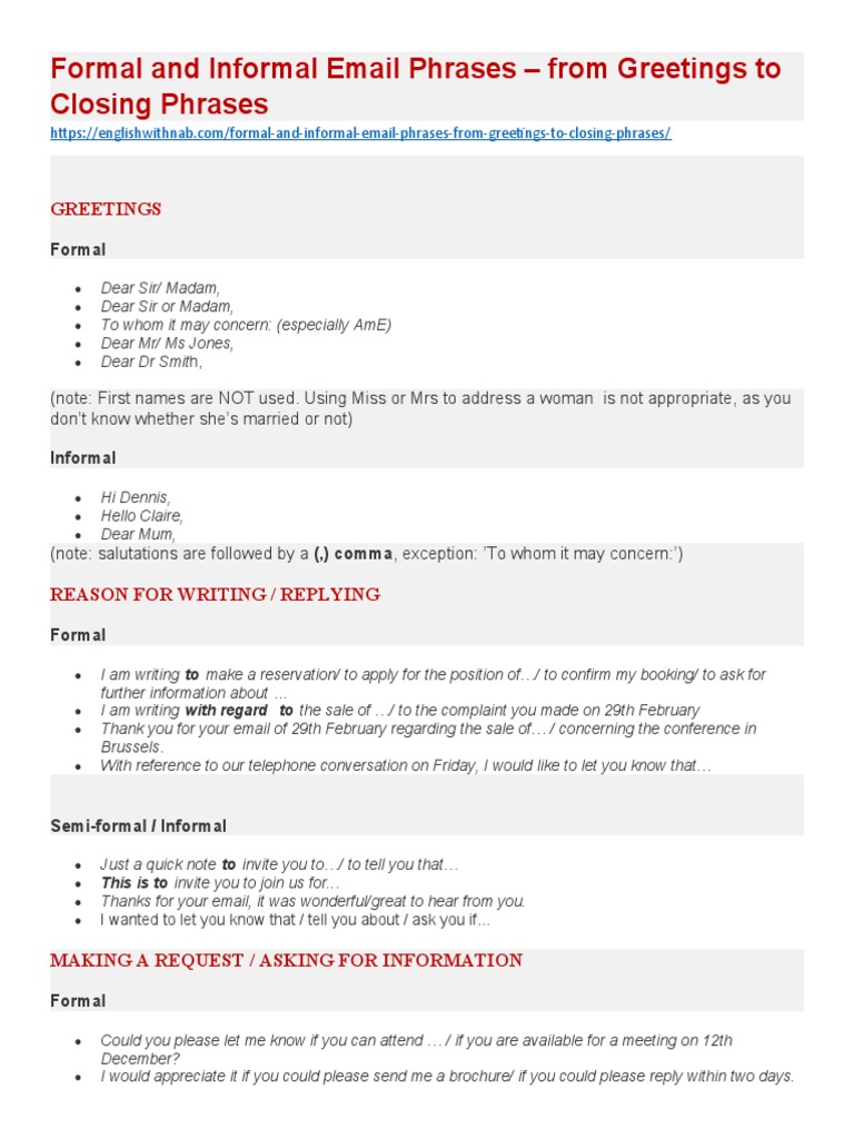 Phrases To Start and Finish A Formal & An Informal Email in English | PDF