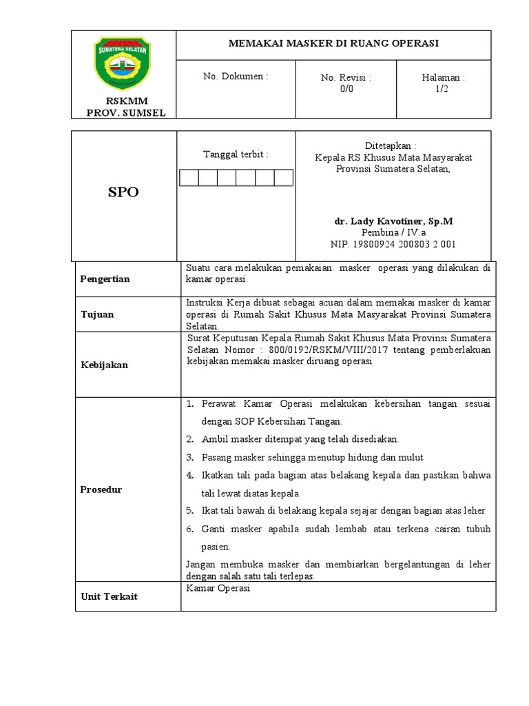 Sop Memakai Masker Diruang Operasi | PDF