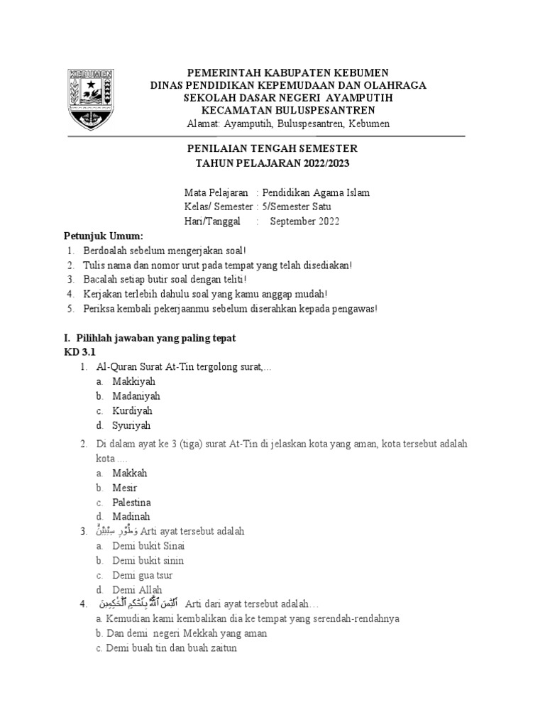 Soal PTS PAI KELAS 5 22-23 | PDF