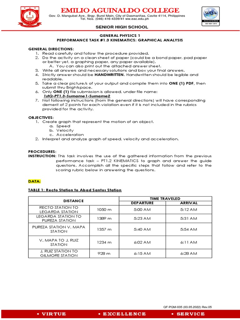 Pt13 Kinematics Graphical Analysis Answer Sheet Pdf Data Velocity 2756