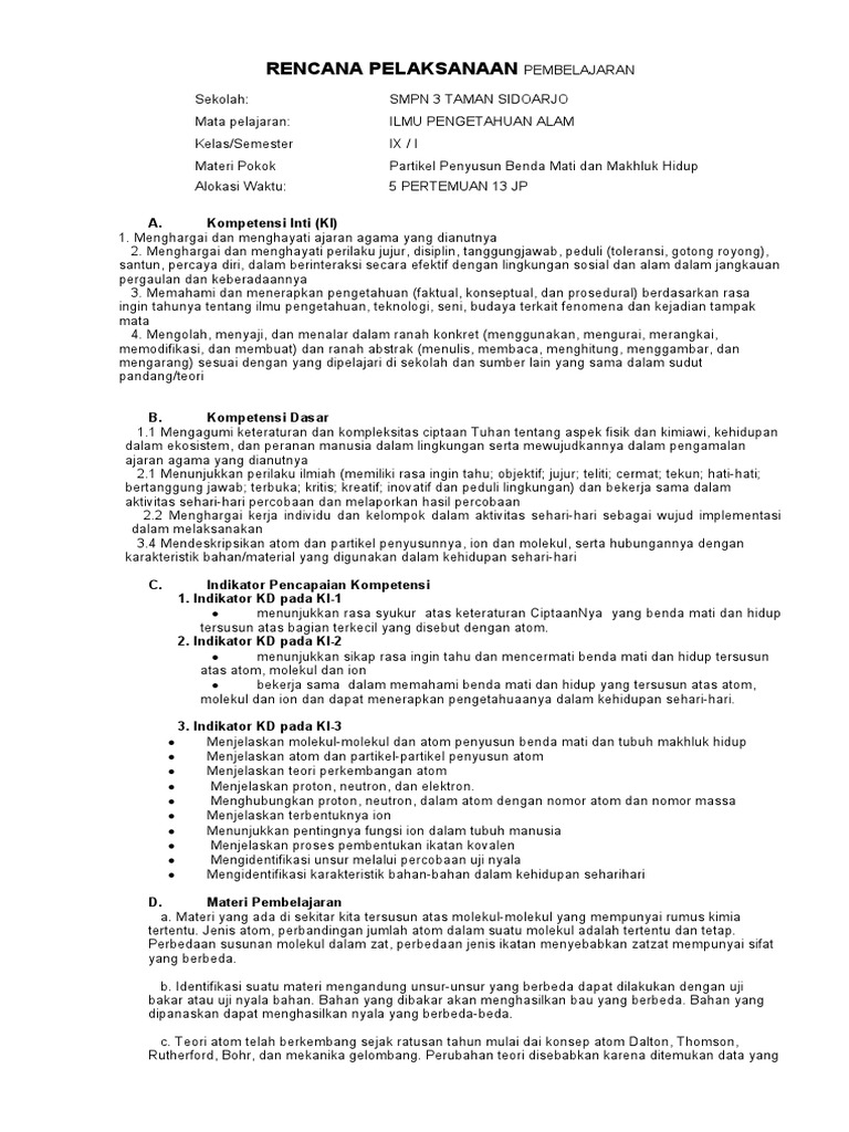 RPP BAB 4 Partikel Penyusun Benda Mati Dan Makhluk Hidup | PDF | Sains & Matematika