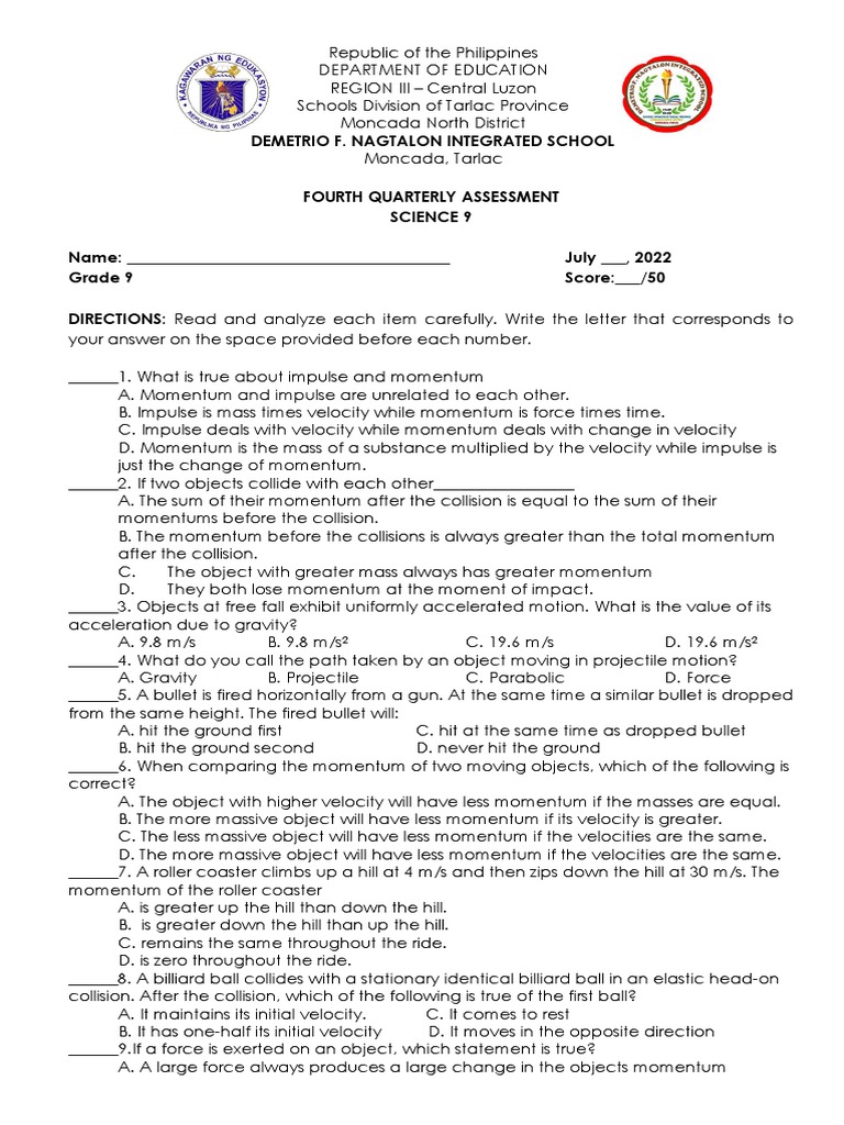 Quarter-4-Exam SCIENCE9 Final Na Naman | PDF | Momentum | Power Station