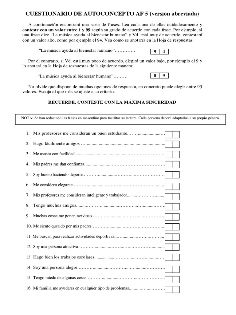 Cuestionario de AUTOCONCEPTO AF5 Short Version 16 ITEMS | PDF | Sicología