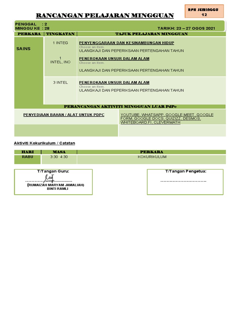 RPM&RPH MINGGU 28 (23 - 27 Ogos) PEPERIKSAAN DAN ULANGKAJI | PDF