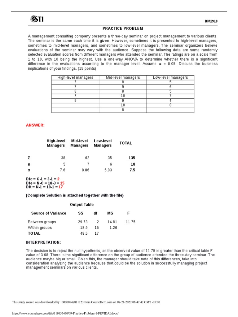 09 Practice Problem 1 FEVIDAL | PDF | Analysis Of Variance | Science