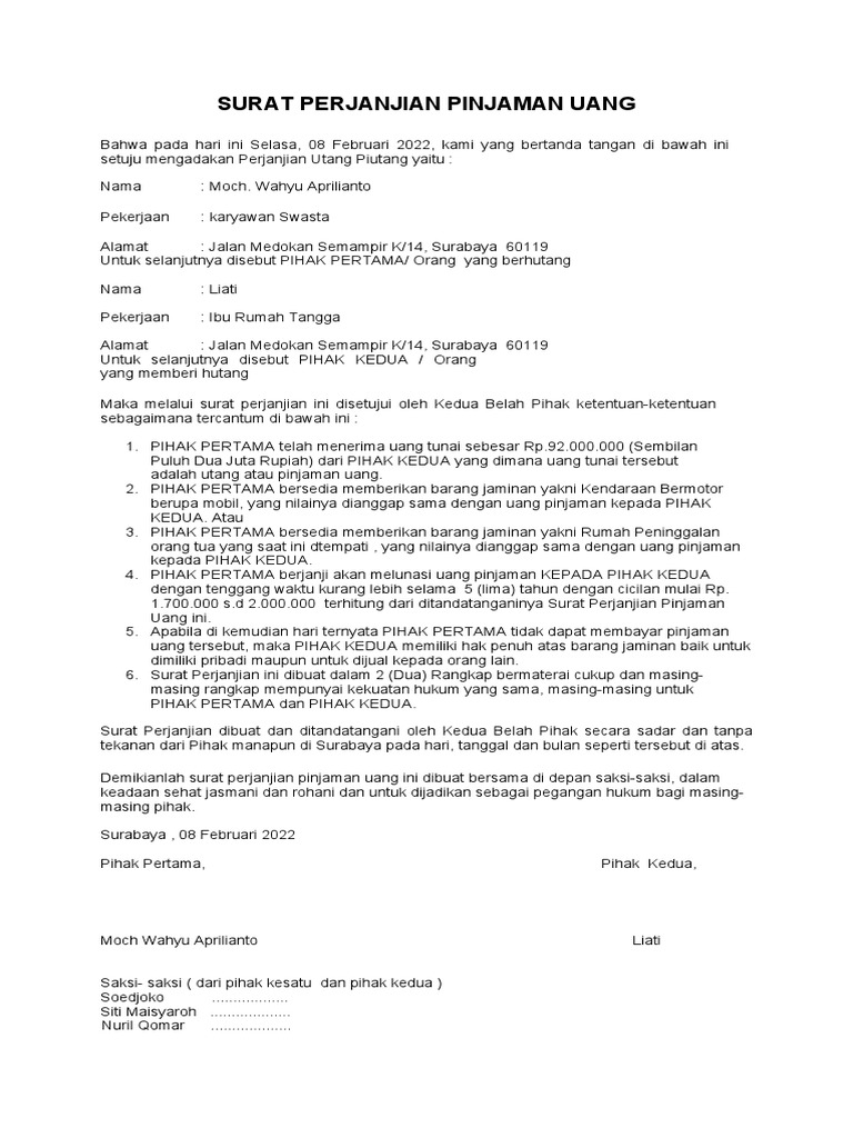 Contoh Surat Perjanjian Pinjaman Uang | PDF