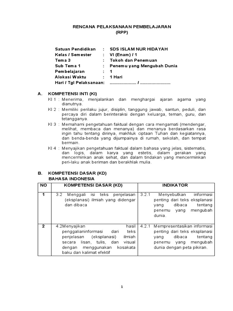 RPP K6 Tema 3 ST 1 Rev. 2018 | PDF