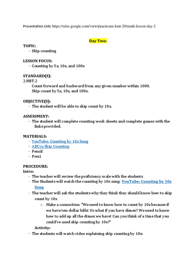 Skip Counting by 10s Lesson Plan Grade 2 | PDF