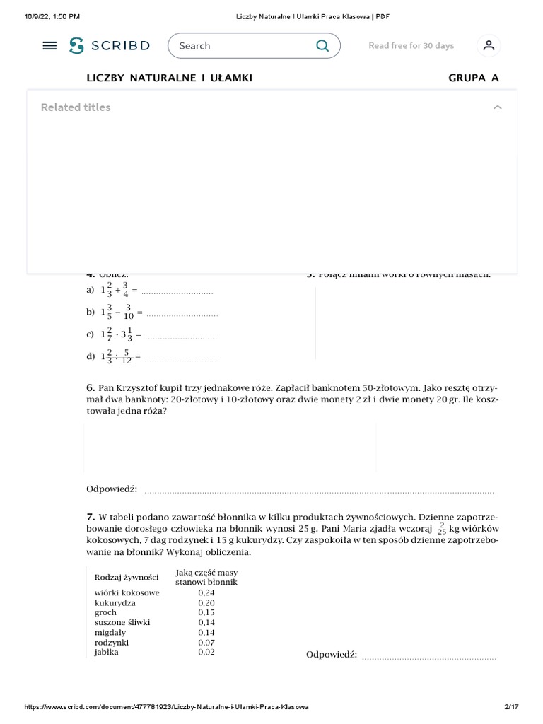 Liczby Naturalne I Ulamki Praca Klasowa - PDF1 | PDF