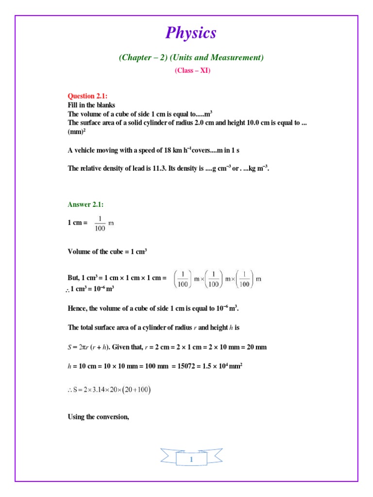 NCERT Solutions For Class 11 Physics Chapter 2 Units and Measurements | PDF