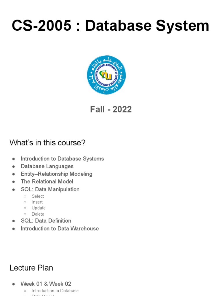 CS-2005 - Database System - Week 01 & Week # 02 | PDF | Databases | Relational Database