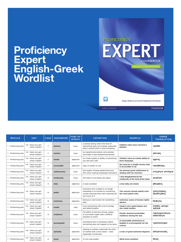 Proficiency Expert English-Greek Wordlist | PDF | Adjective | Verb