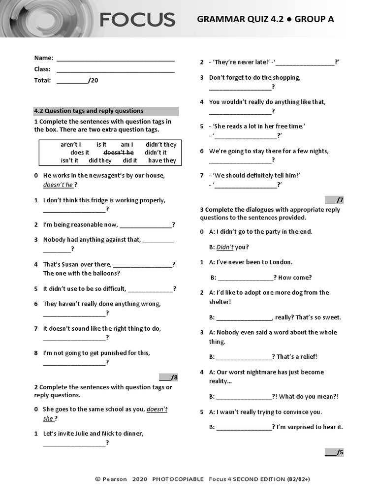 Focus4 2E Grammar Quiz Unit4 2 GroupA | PDF