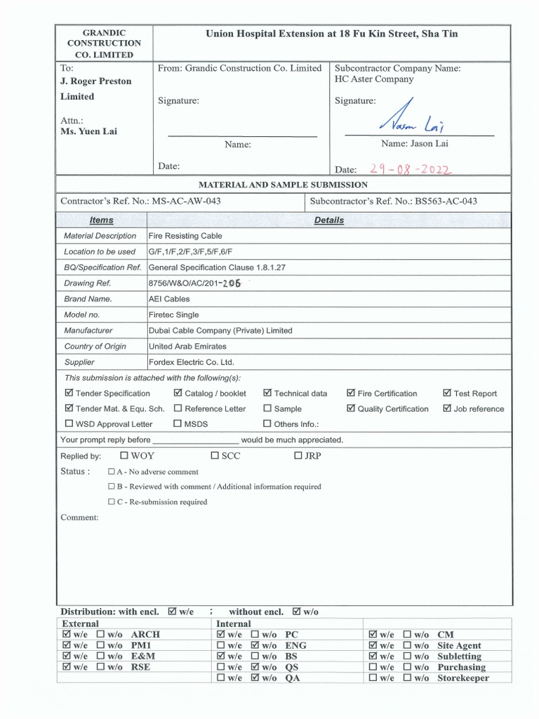 MS-AC-AW-043 - Material Submission of Fire Resisting Cable | PDF | Fuse ...
