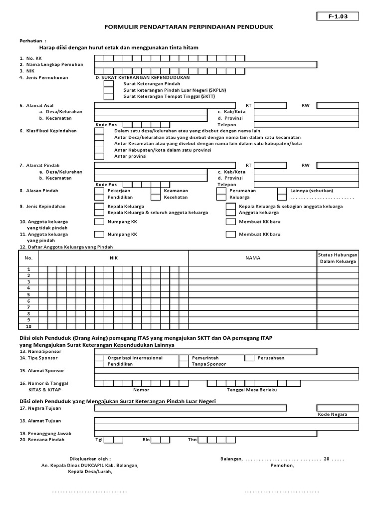 Formulir Pendaftaran Kepindahan Penduduk | PDF