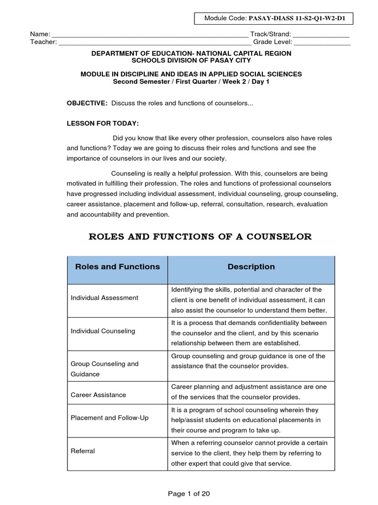 Roles and Functions of Counselors | PDF | School Counselor | Psychotherapy