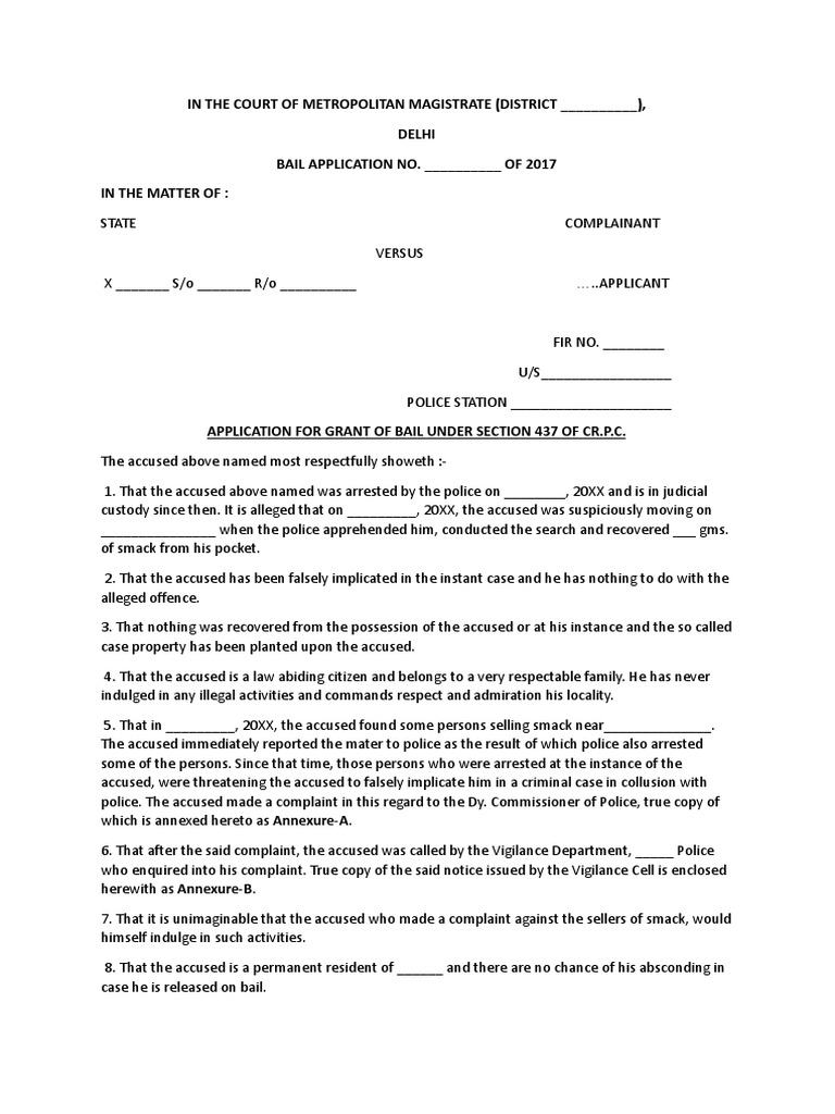 Application of Bail Under Section 437 CRPC | PDF | Bail | Police