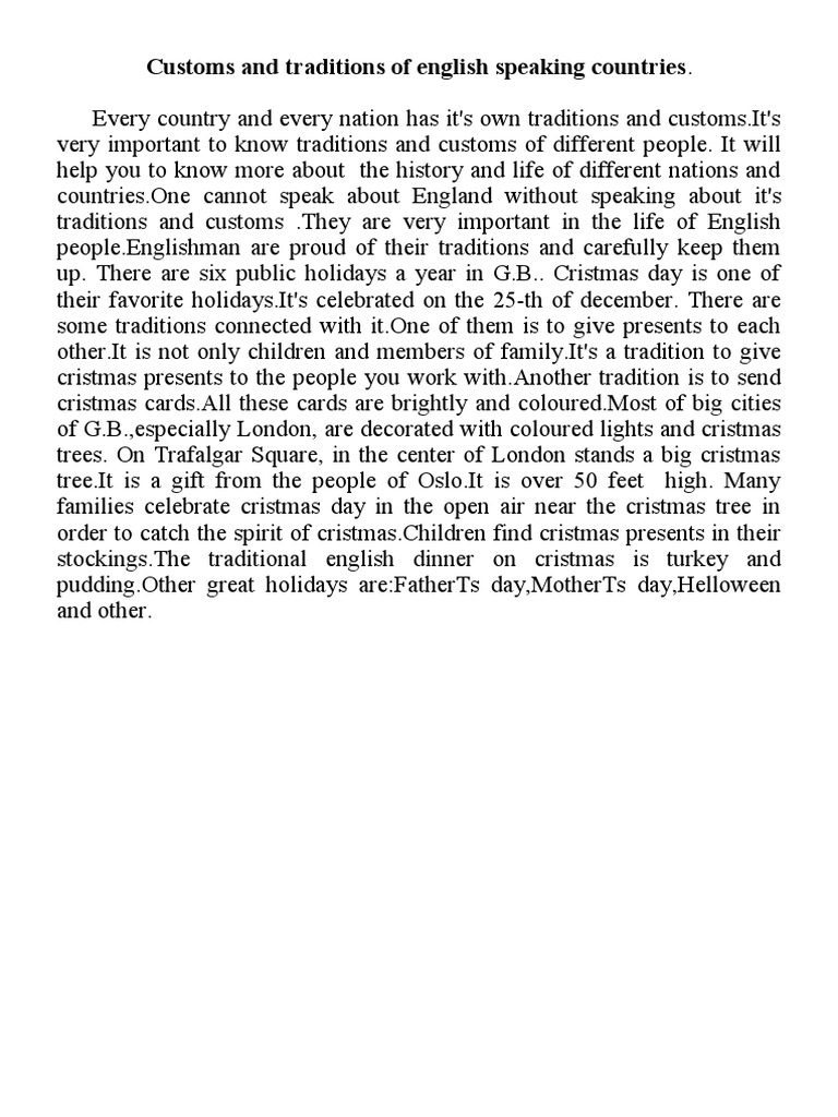 Customs and Traditions of English Speaking Countries | PDF