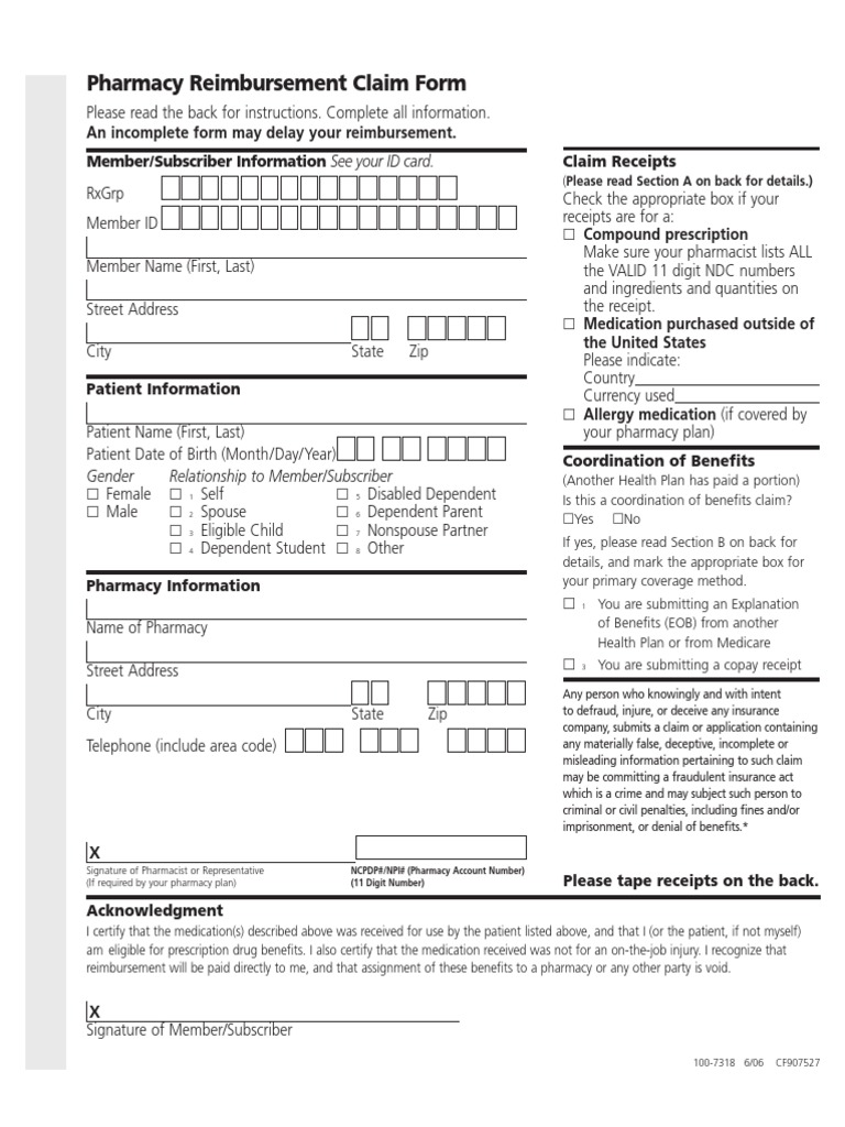 Pharmacy Reimbursement Claim Form | PDF | Pharmacy | Medical Prescription
