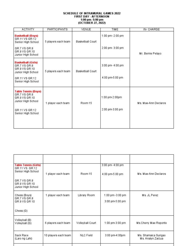 Schedule of Intramural Games 2022 | PDF