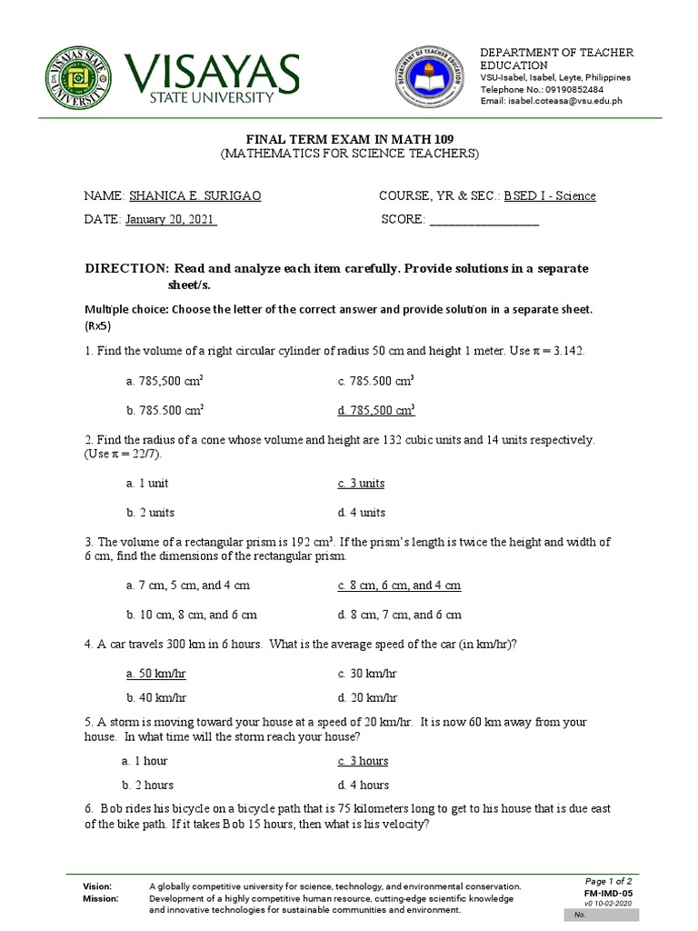 Final Exam - Math 109 | PDF | Area | Volume
