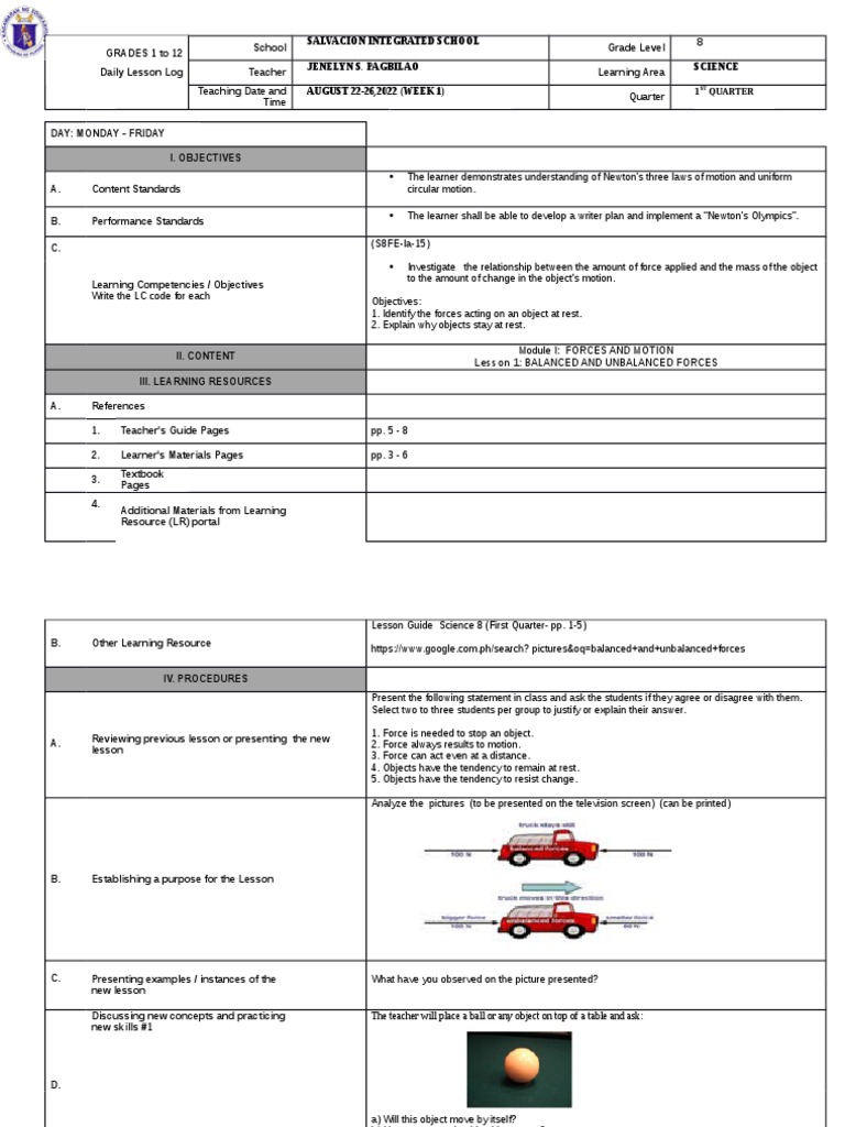 Science8 DLL | PDF | Force | Mass