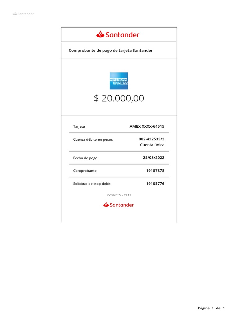 Comprobante de Pago de Tarjeta Santander | PDF