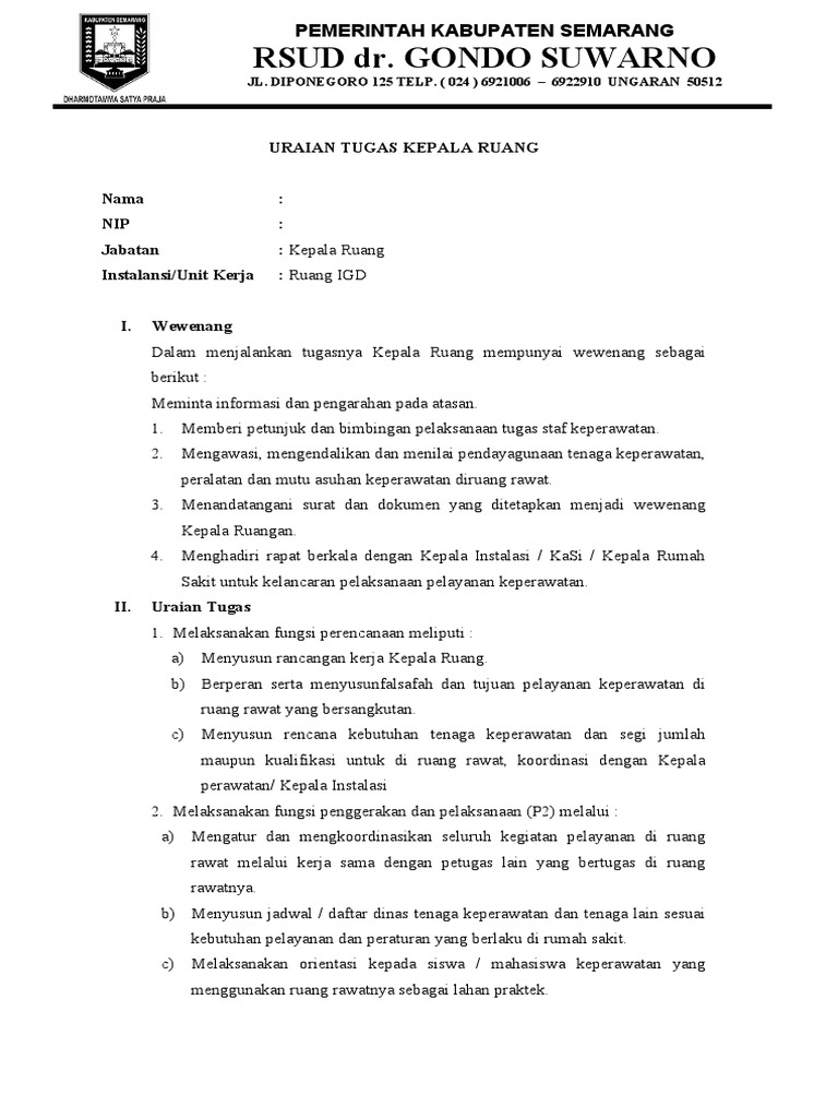 Uraian Tugas Kepala Ruang | PDF