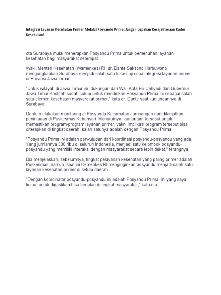 Integrasi Layanan Kesehatan Primer Melalui Posyandu Prima | PDF
