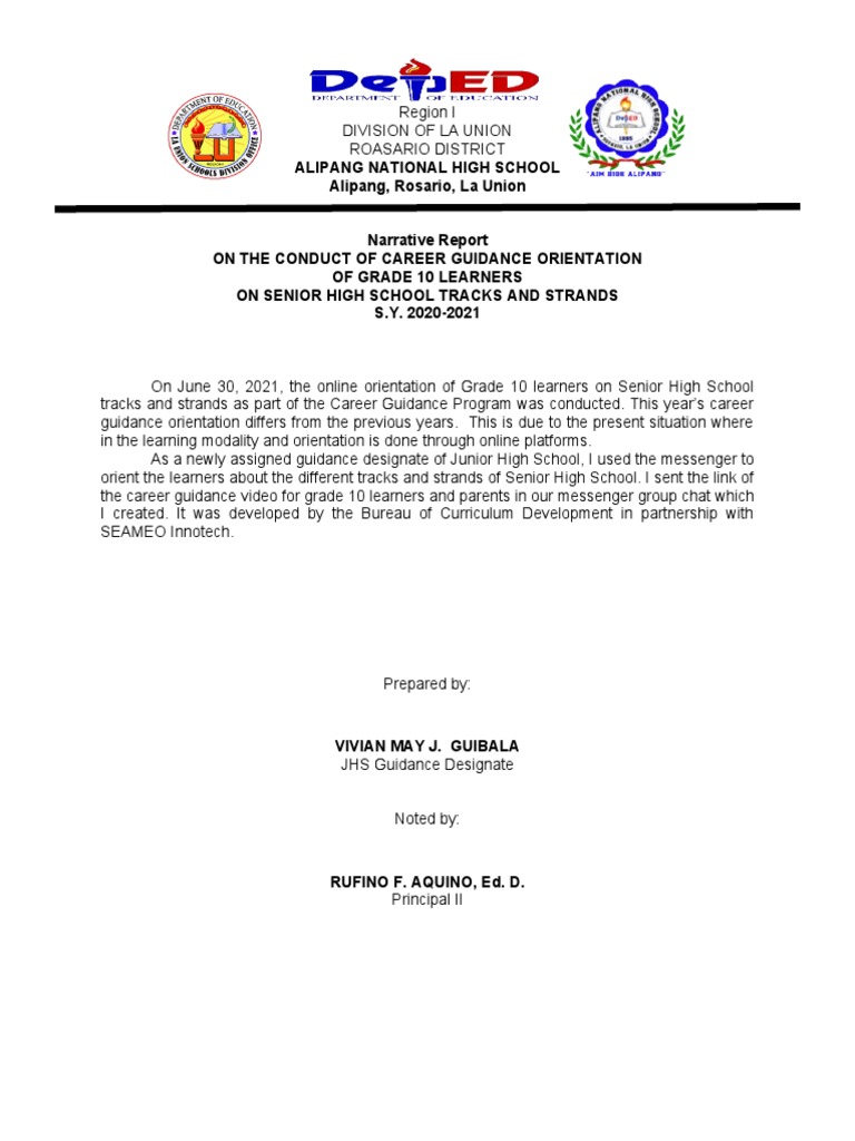 Narrative Report - Grade 10 CAREER GUIDANCE ORIENTATION 2021 | PDF