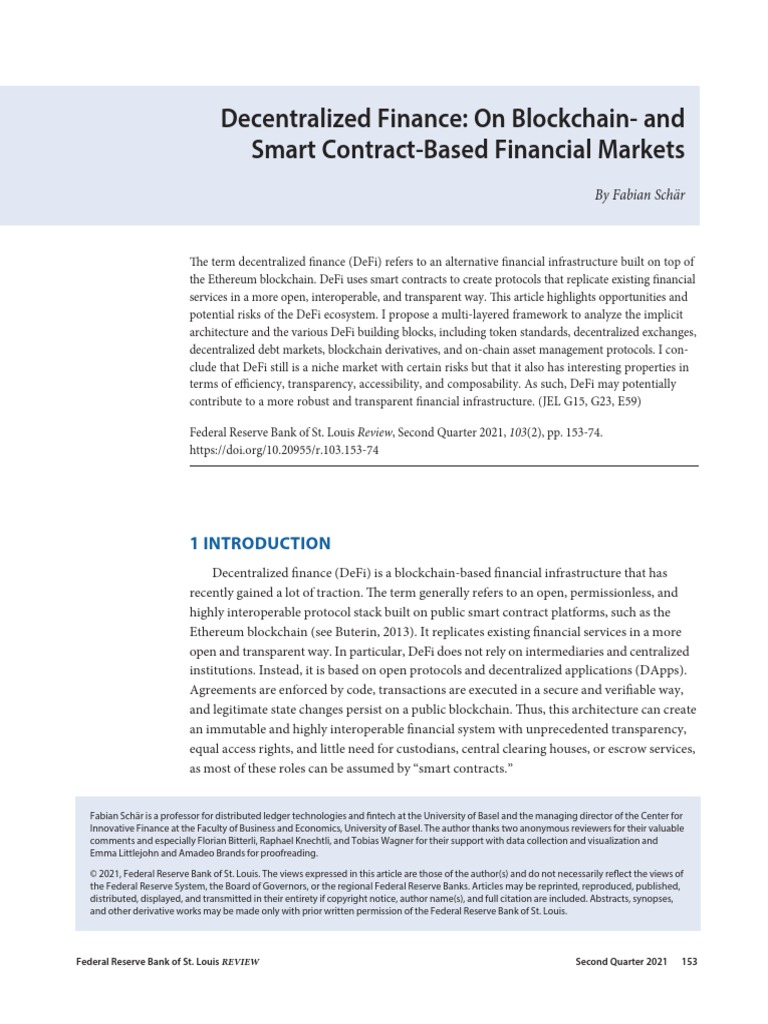 Fabian Schar Decentralized Finance On Blockchain and Smart Contract Based Financial Markets | PDF