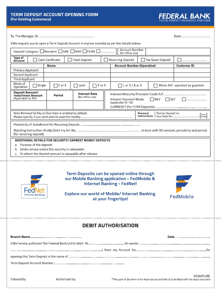 Term Deposit Account Opening Form (For Existing Customers) | PDF