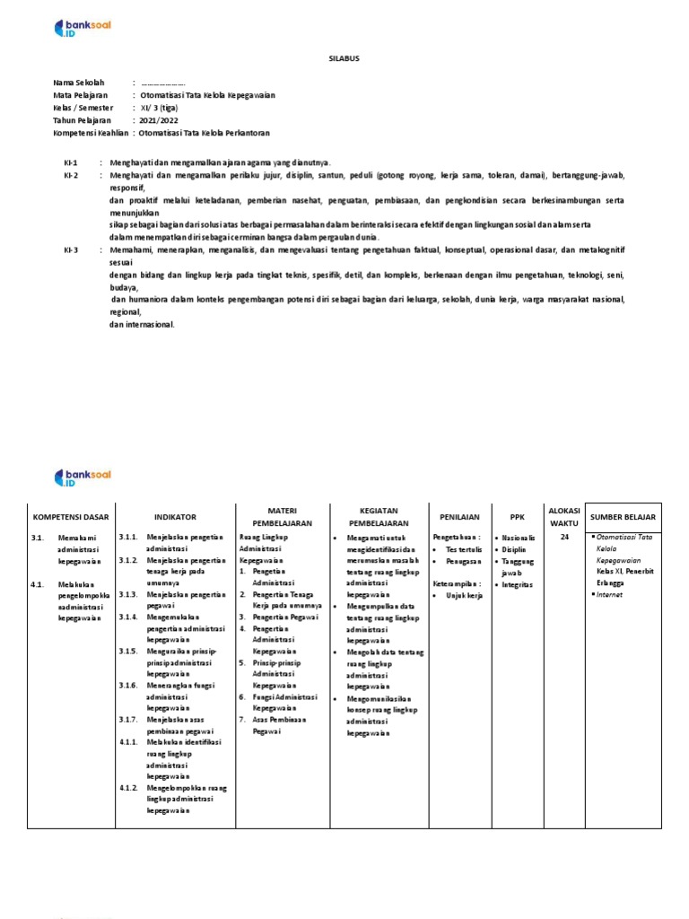 Silabus Otk Kepegawaian Kelas 11 Tahun 2021 2022 | PDF