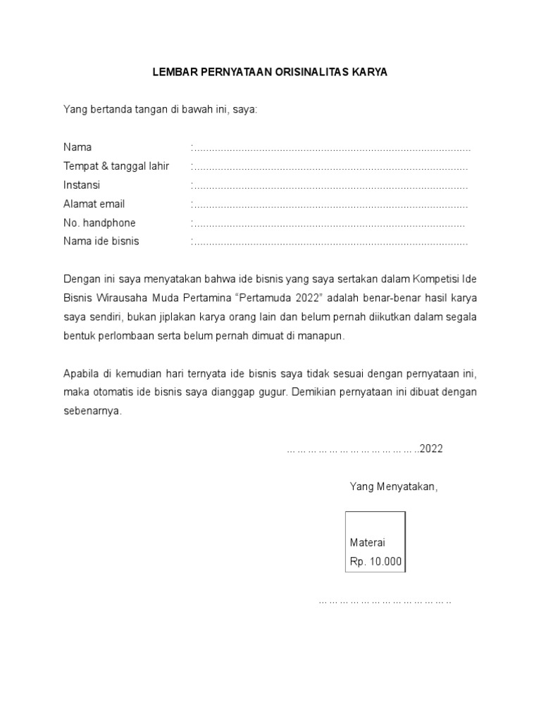 Contoh Template Surat Orisinalitas | PDF