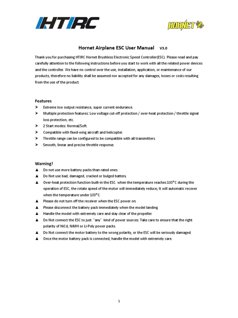 Hornet ESC User Guide | PDF | Electric Motor | Electrical Engineering