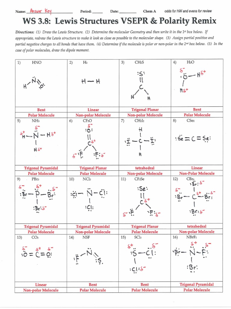 UNIT 2 - Assignment 8 - Lewis Structures VSEPR Polarity Remix - Answer Key Complete | PDF ...