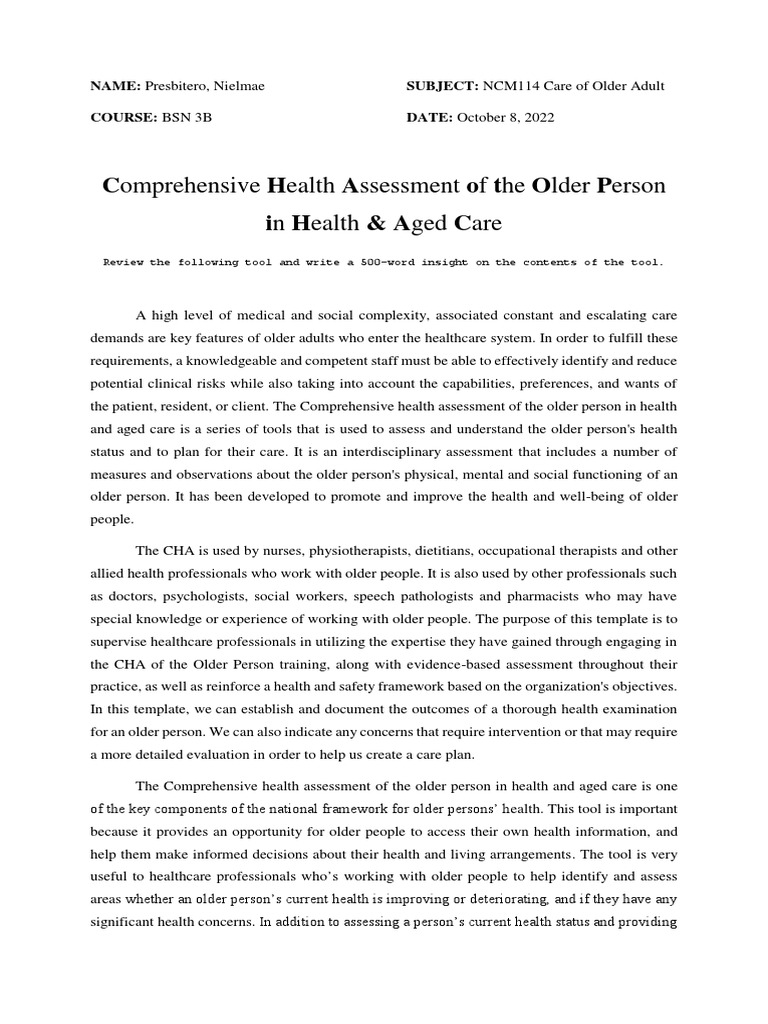 Comprehensive Health Assessment of The Older Person in Health Aged Care ...