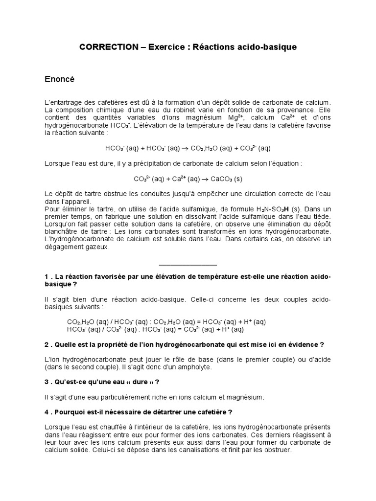 Chimie Chap6 Exo Correction | PDF | Acide | Bicarbonate