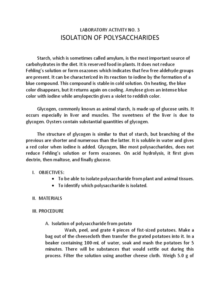 LABORATORY ACTIVITY Isolation of Polysaccharide | PDF | Starch | Glycogen