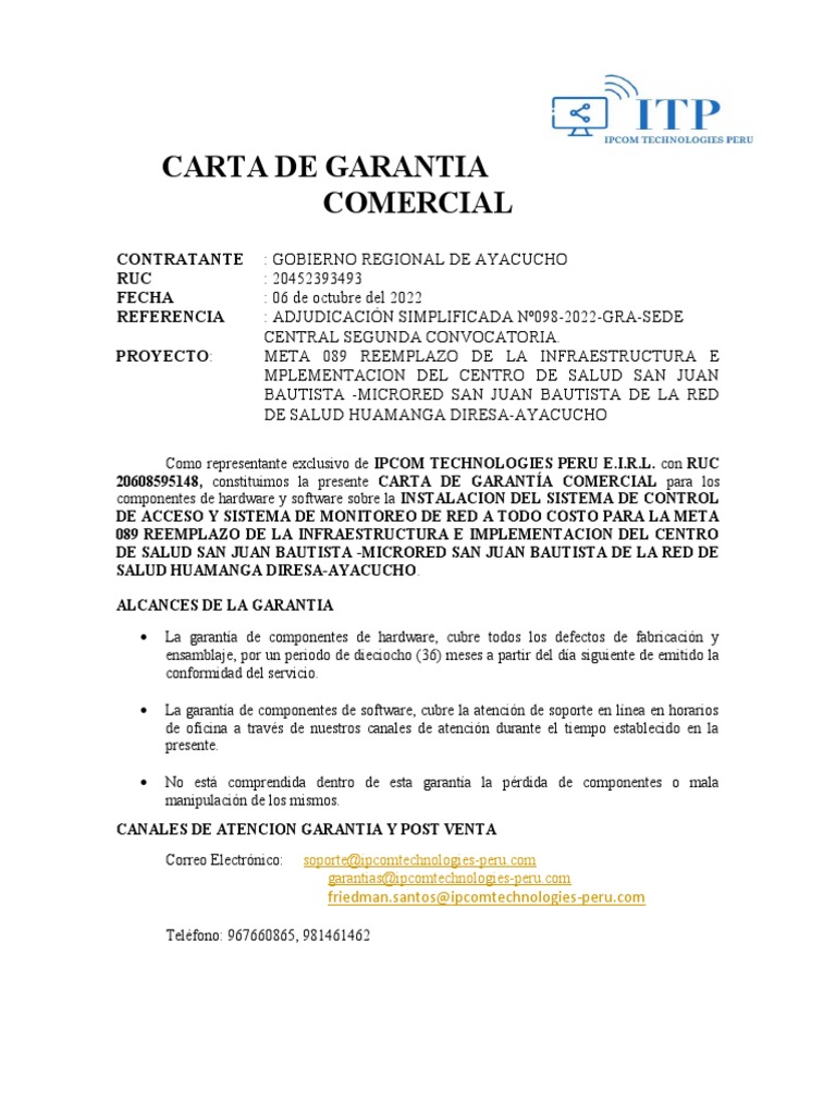 Carta de Garantia Comercial Notarial | PDF | Telecomunicaciones | Edad ...