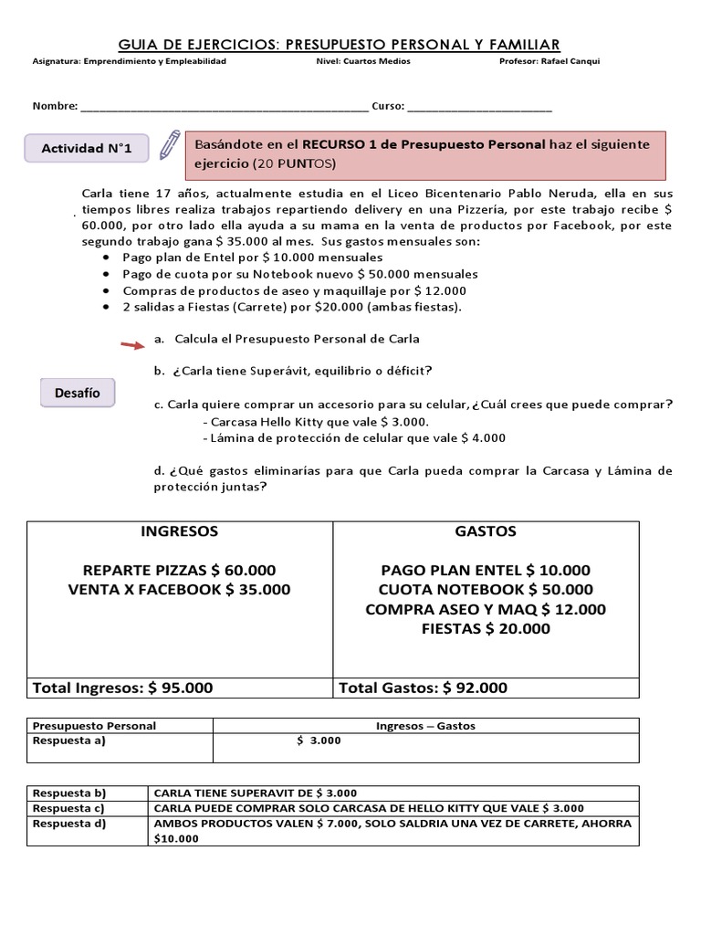 Ejercicios de Presupuesto Familiar | PDF