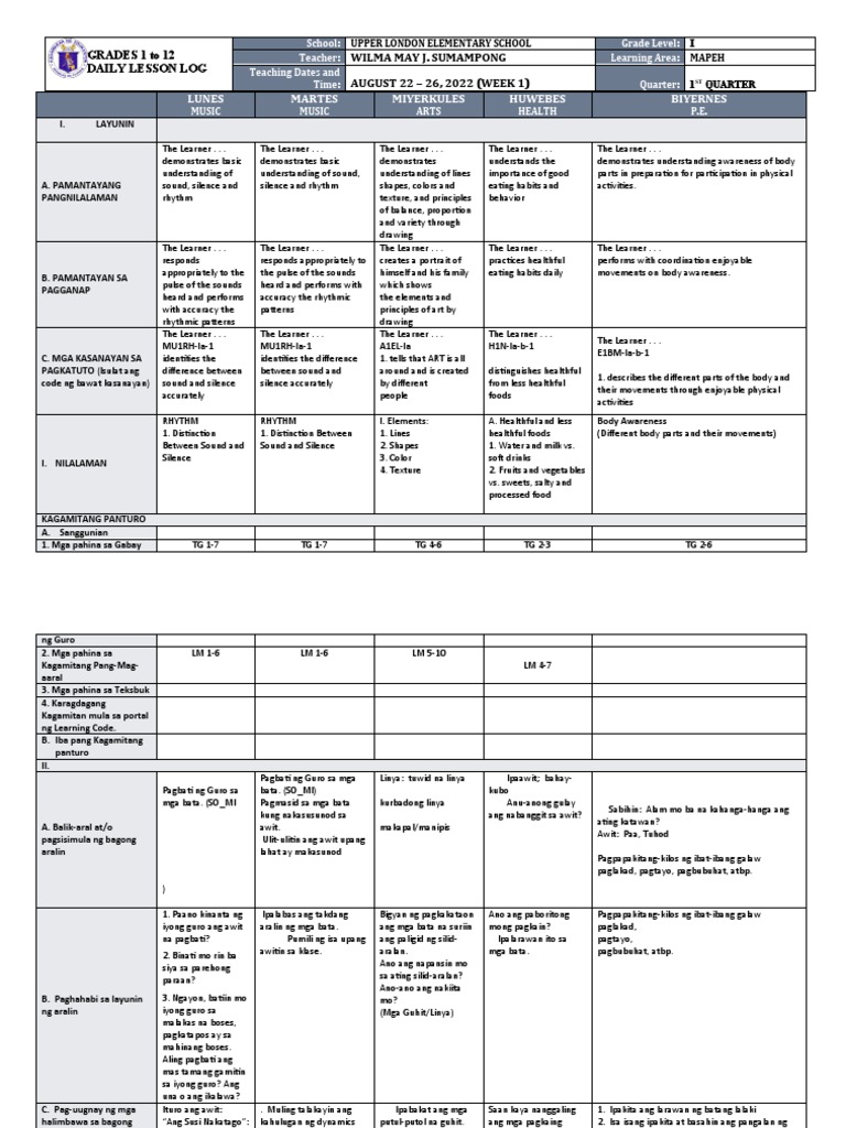 DLL - Mapeh 1 - Q1 - W1 | PDF | Rhythm | Learning
