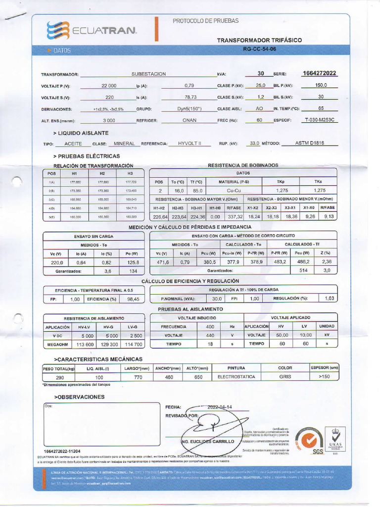 Protocolo y Garantia Trafo EMAPAZ | PDF