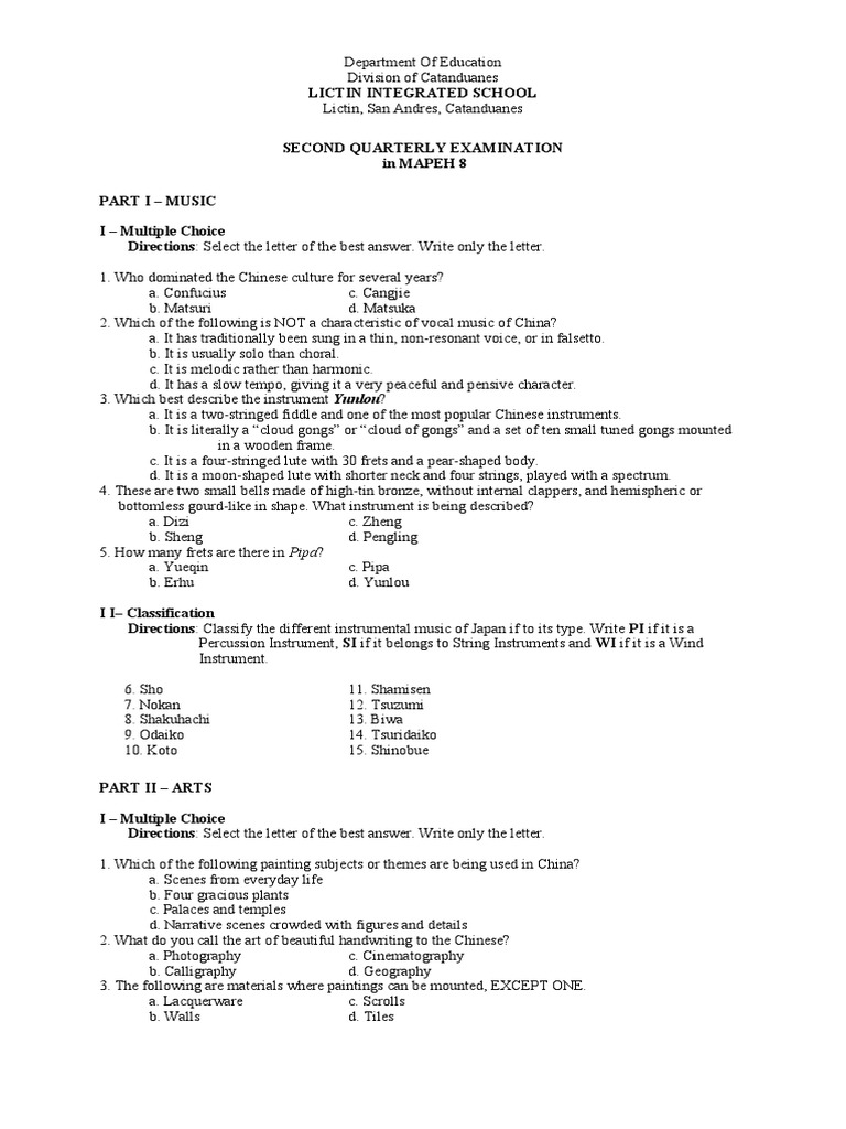 2nd Quarter Exam MAPEH 8 | PDF | Travel | Foreign Language Studies