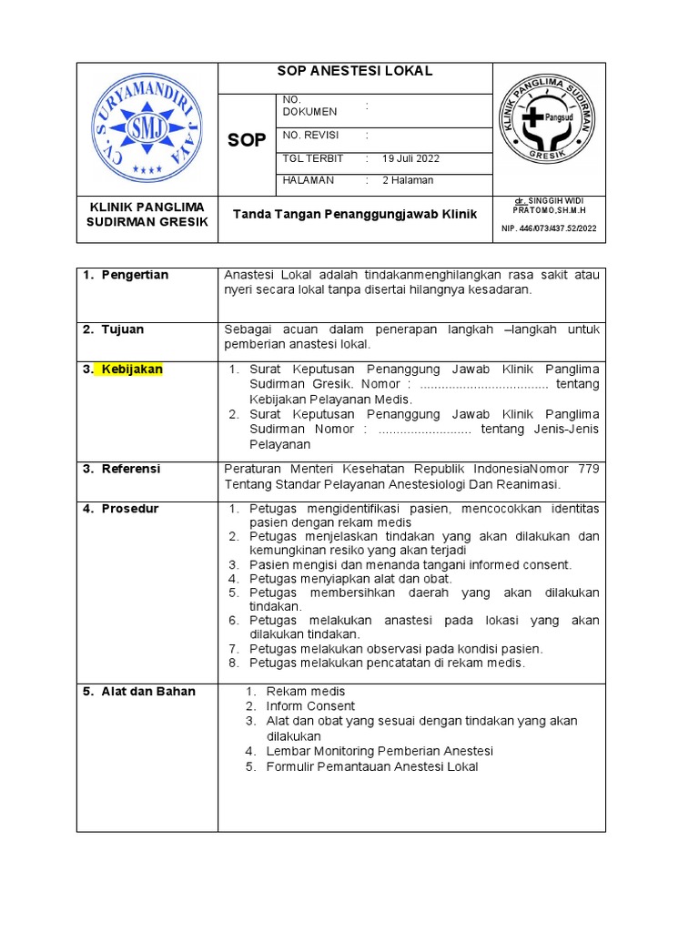 Sop Anestesi Lokal | PDF