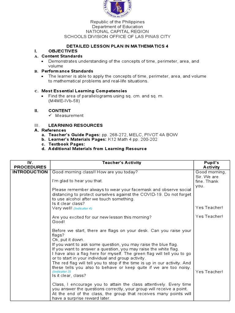 Area of Parallelogram Lesson Plan | PDF | Area | Rectangle