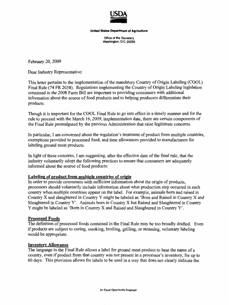 Country of Origin Labeling - USDA Industry Letter - February 2009 | PDF ...
