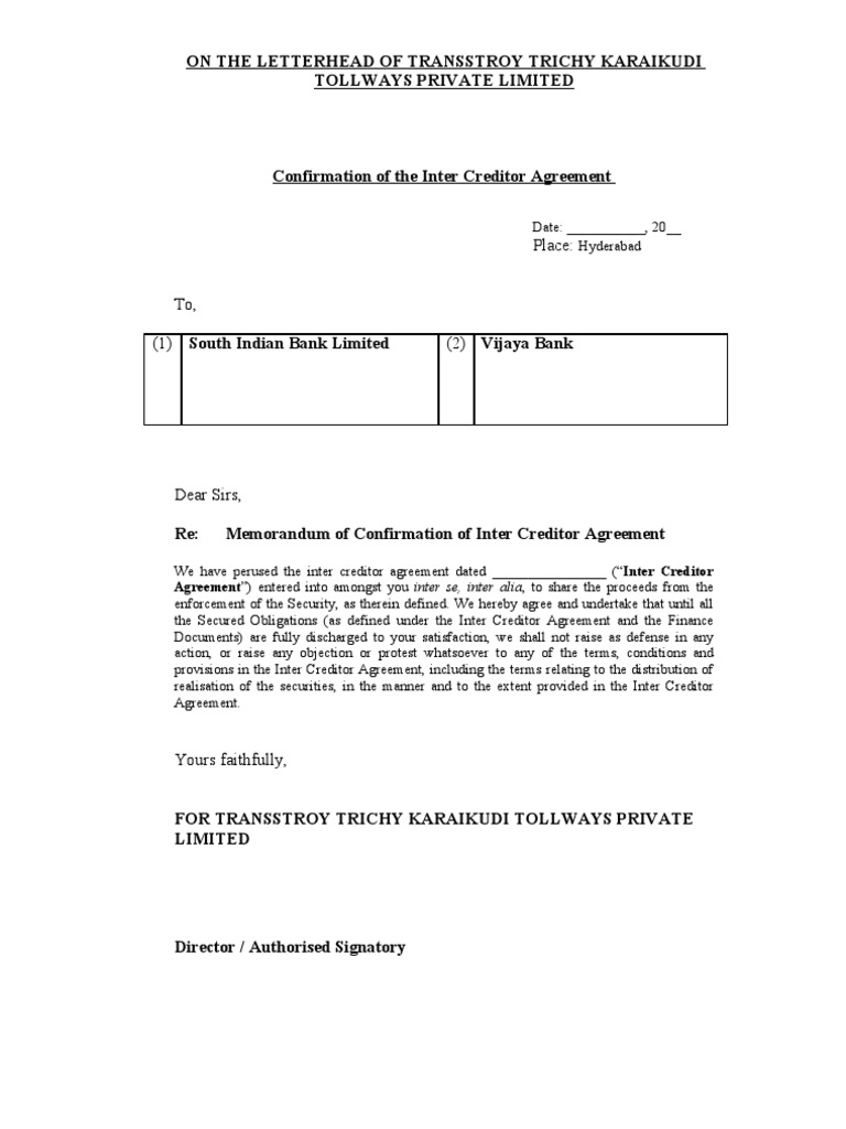 Confirmation To Inter Creditor Agreement | PDF