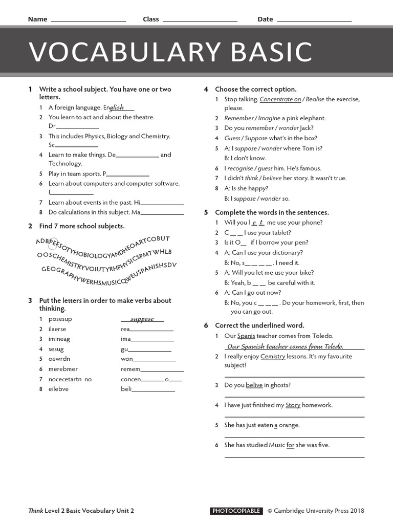 Think - l2 - Unit 2 - Vocabulary - Basic | PDF | Cognitive Science | Cognition
